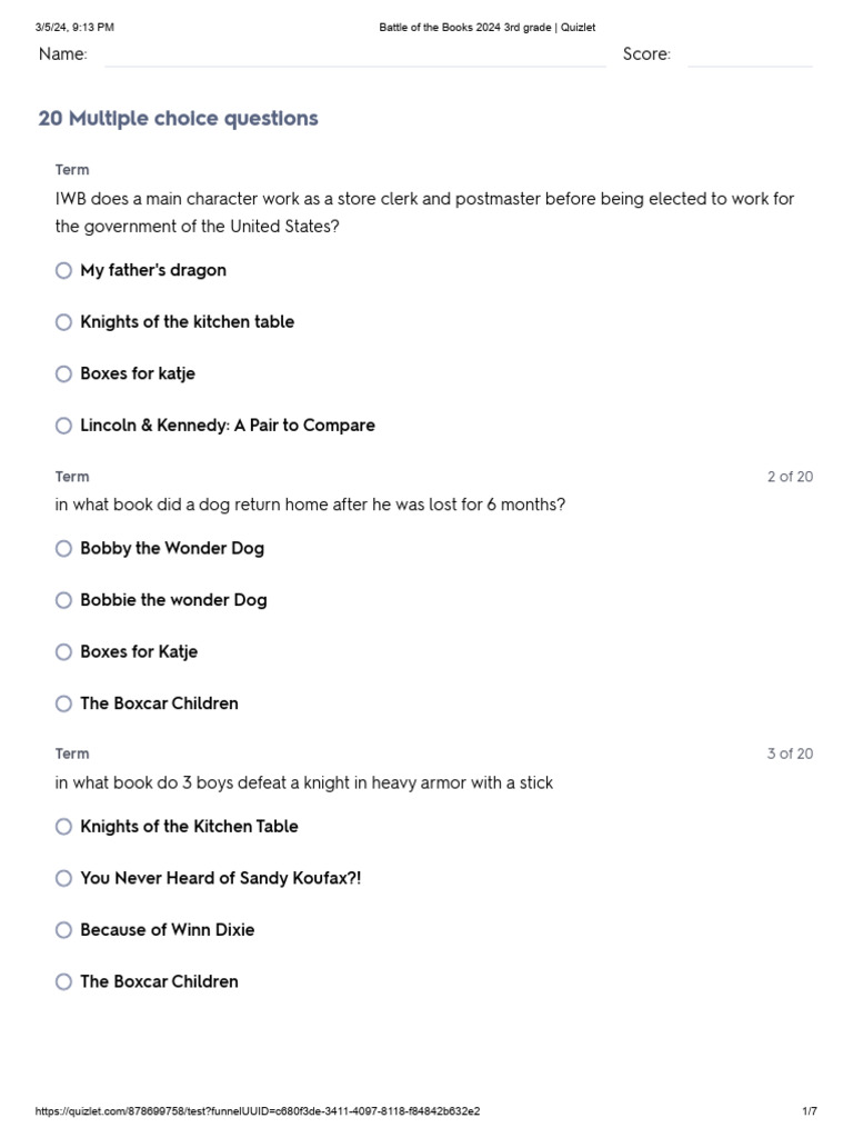 Battle of The Books 2024 3rd Grade Battle of The Book | PDF