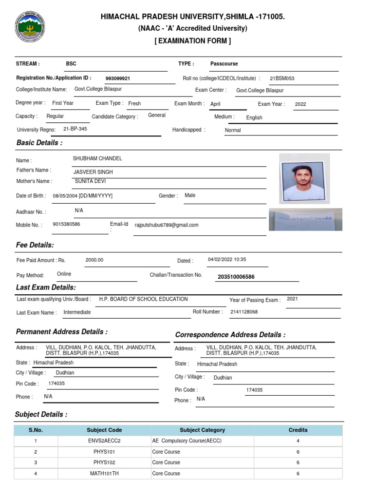 Himachal Pradesh University, Shimla - 171005.: (NAAC - 'A' Accredited University) (Examination ...