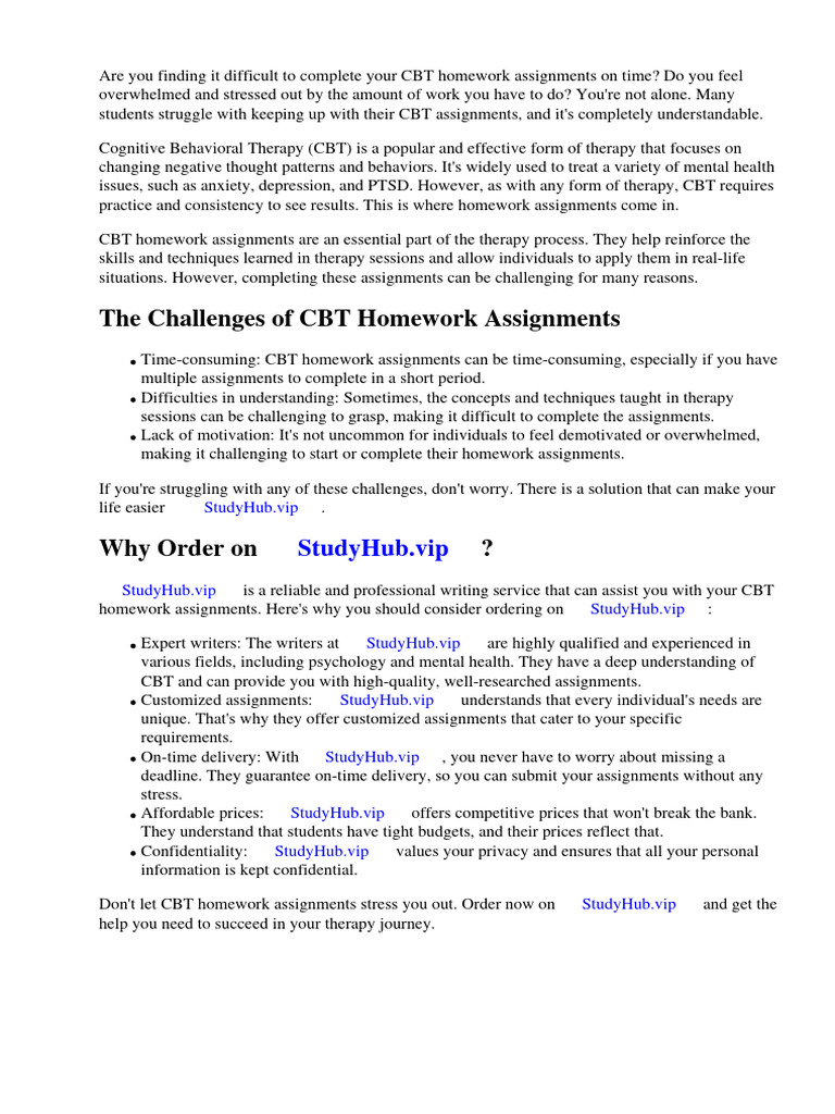 CBT Homework Assignment Sheets | Download Free PDF | Cognitive Behavioral Therapy | Psychotherapy