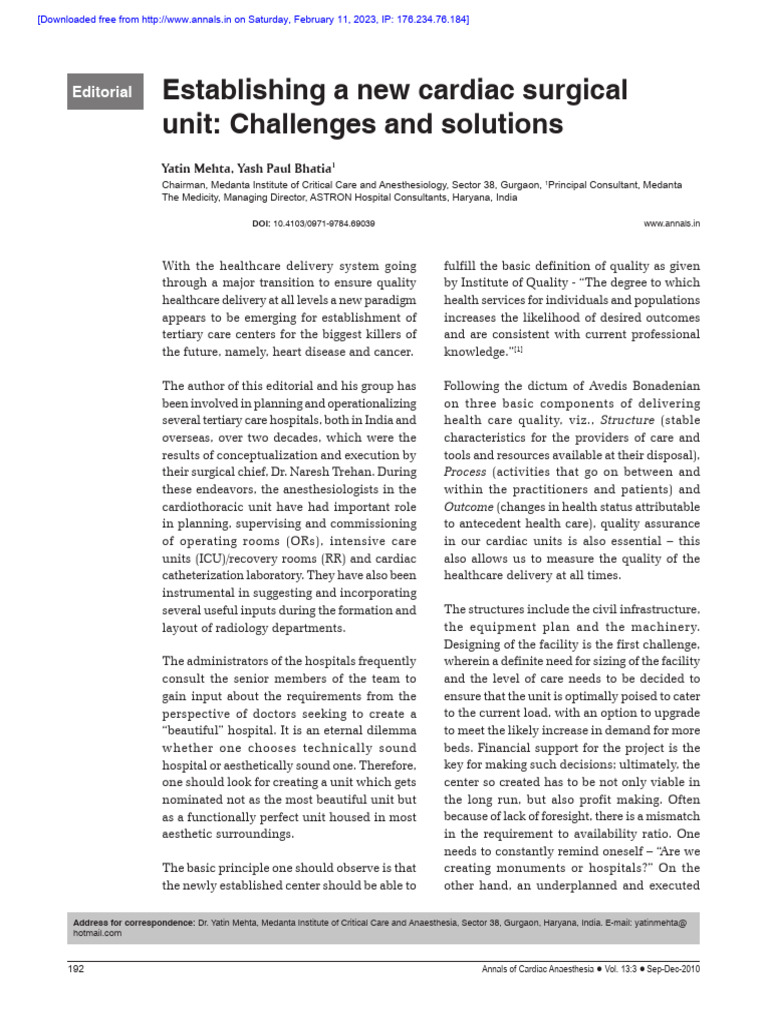 Establishing A New Cardiac Surgical Unit Challenge | PDF | Health Care ...