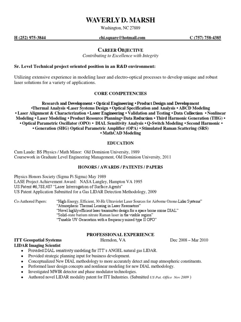 Laser Engineer in Washington DC Resume Waverly Marsh | PDF | Laser | Lidar