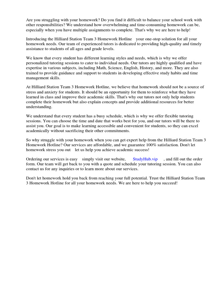 Hilliard Station Team 3 Homework Hotline | PDF | Homework | United ...