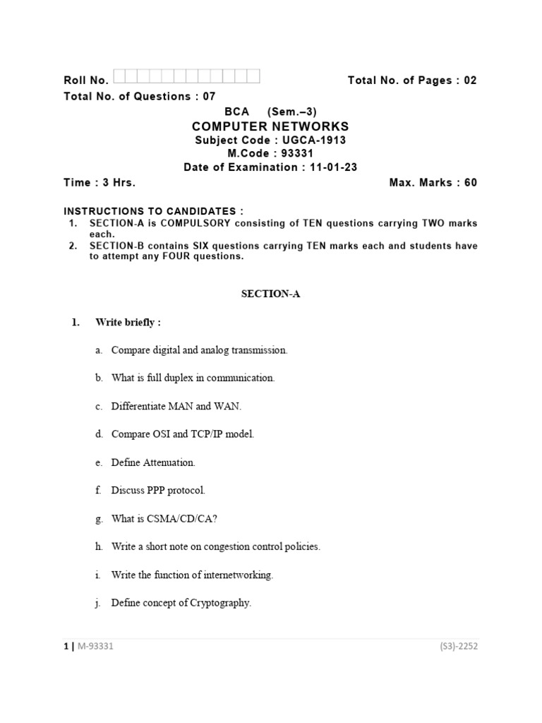 BCA Sem 3: Computer Networks Exam | PDF | Technology & Engineering
