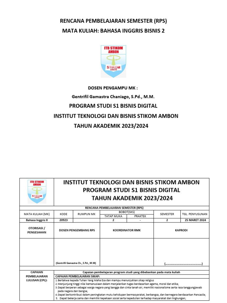 Rencana - Pembelajaran - Semester Bahasa Inggris Ii BD2 Genap 2023-2024 | PDF