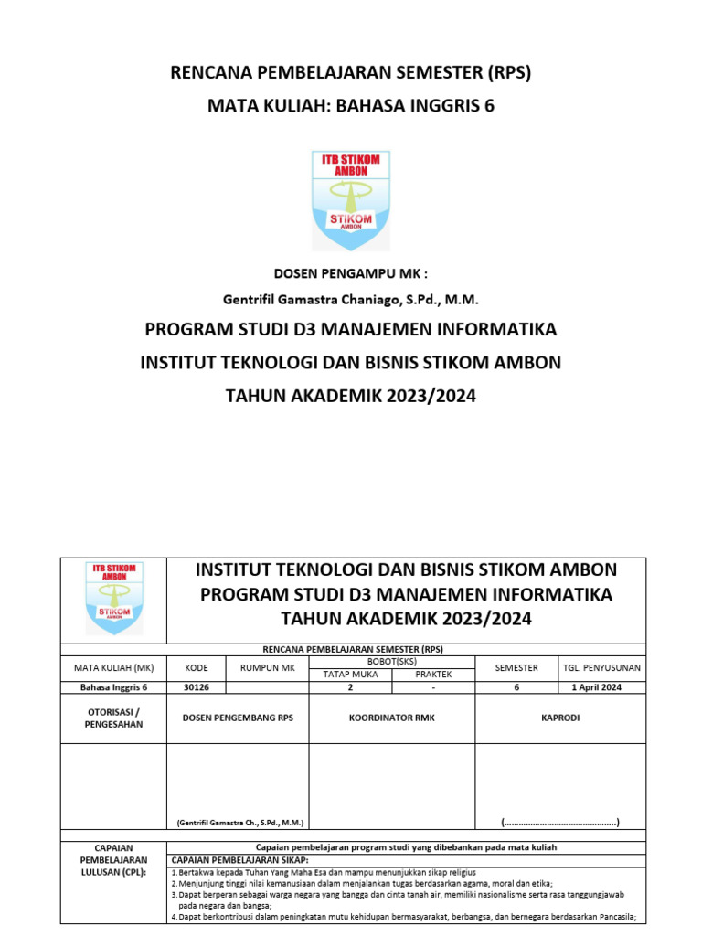 RPS Bahasa Inggris 6 D3 MI | PDF