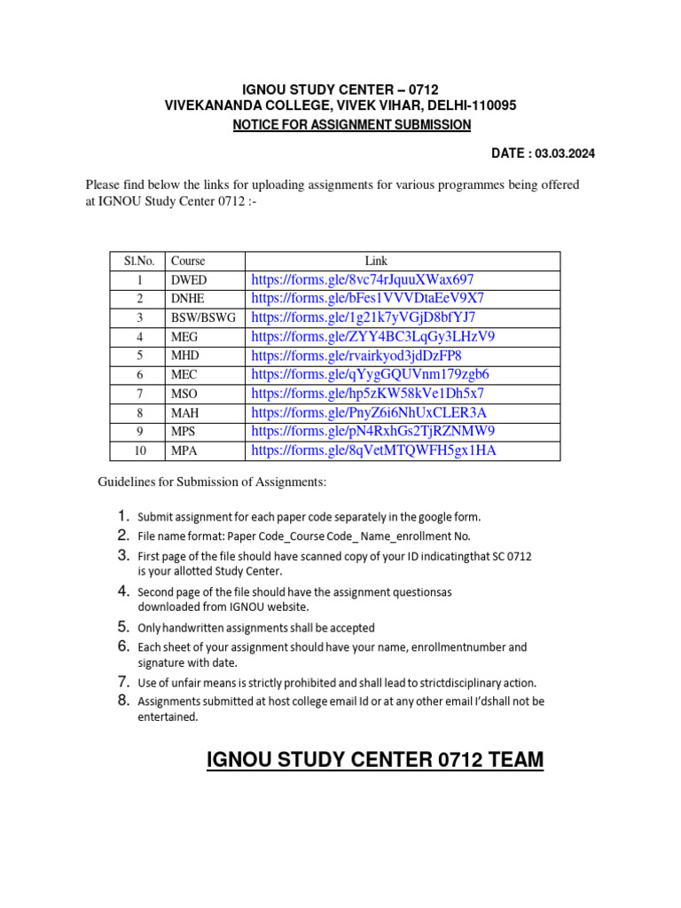 Links For Submission of Assignment For TEE June 2024 | PDF