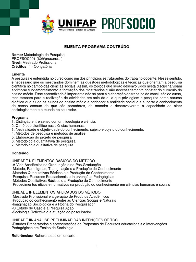 Metodologia Da Pesquisa EMENTA-PROGRAMA CONTEÚDO | PDF