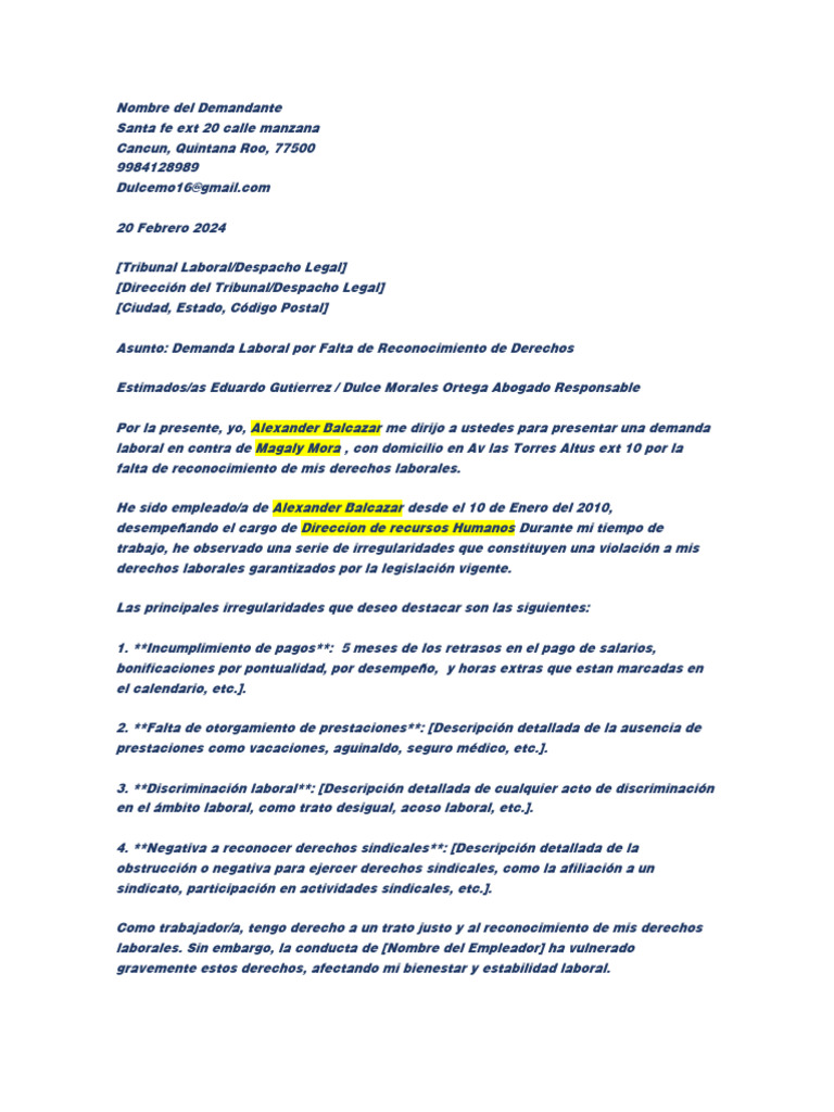 Nombre Del Demandante | PDF | Derecho laboral | Sindicato