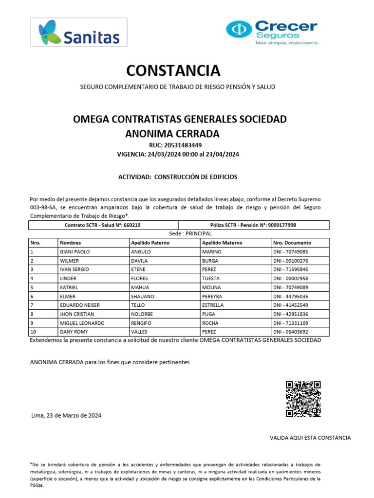 Constancia SCTR | PDF | Seguro | Riesgo financiero