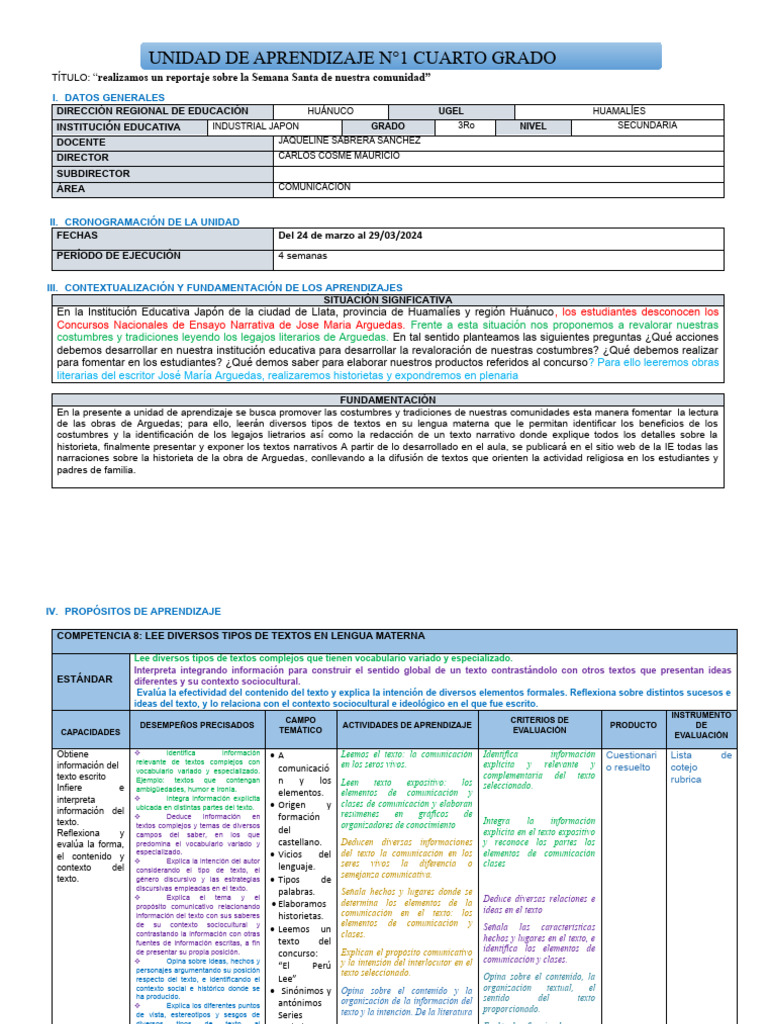 Unidad de Aprendizaje N°1 Tercer Grado | PDF | Evaluación | Aprendizaje