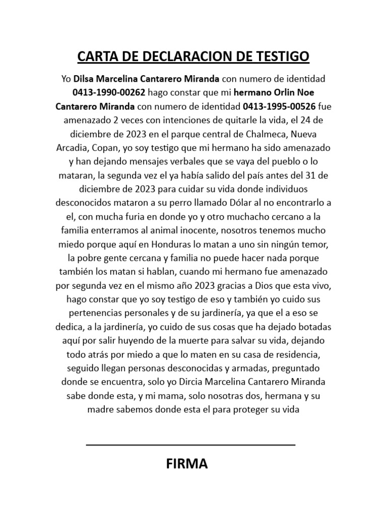 Carta De Declaracion De Testigo Pdf