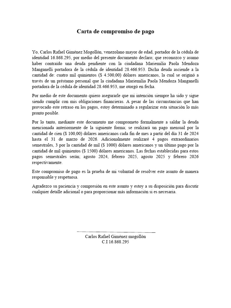Carta de Compromiso de Pago | PDF