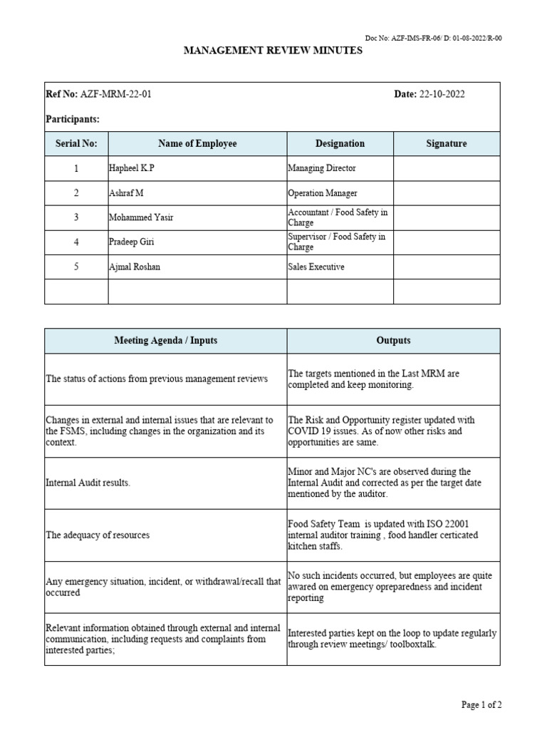Management Review Minutes Summary | PDF | Internal Audit | Food Safety