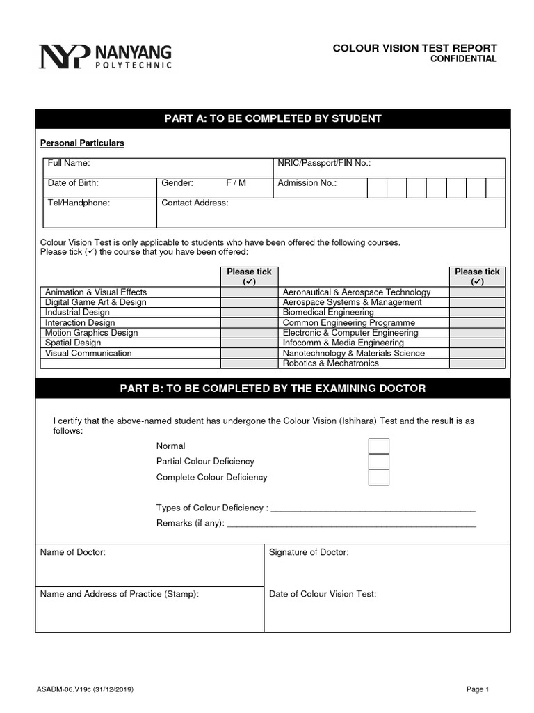 Nyp Colour Vision Test Form | PDF | Engineering | Physical Examination