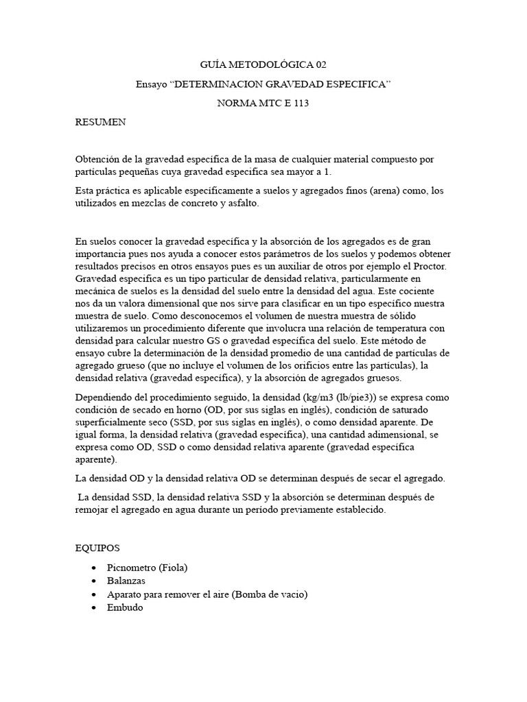 GUÍA METODOLÓGICA 02 Gravedad Especifica | PDF | Densidad | Mecánica de ...