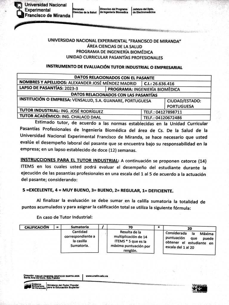 Instrumento de Evaluación Tutor Unefm | PDF