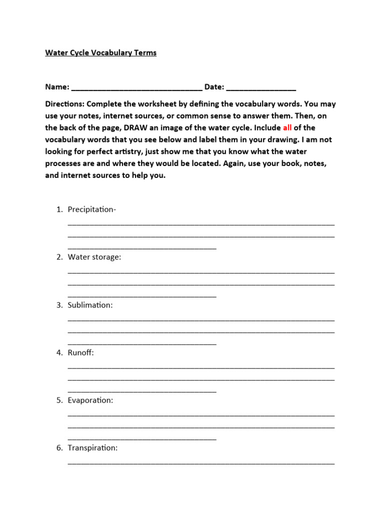 Water Cycle Vocabulary Worksheet | PDF | Water Cycle | Transparent ...
