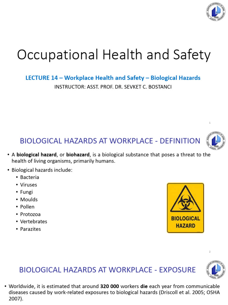 Week 12 - Lecture 14 - Workplace Health and Safety - Biological Hazards ...