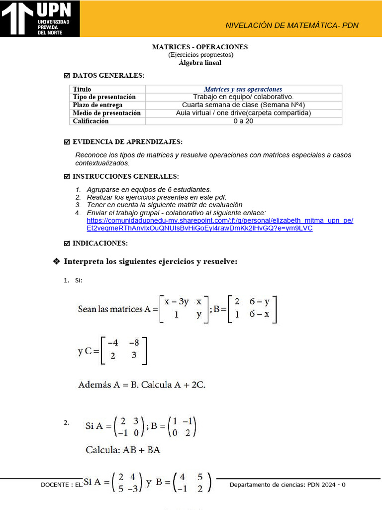 Trabajo Grupal Nº1 - MATRICES | Descargar gratis PDF | Matriz (Matemáticas) | Evaluación