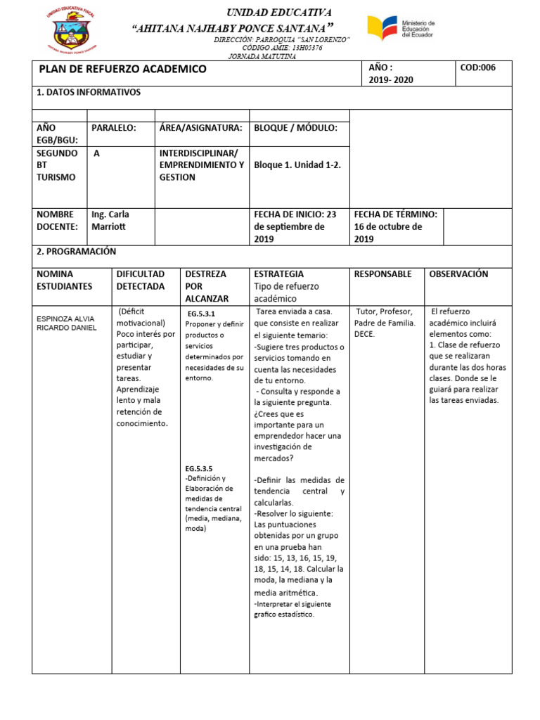 4.-COD 006 PLAN DE REFUERZO ACADEMICO 2DO TURISMO DEL PRIMER QUIMESTRE INTERDISCIPLINAR(1)[12516 ...