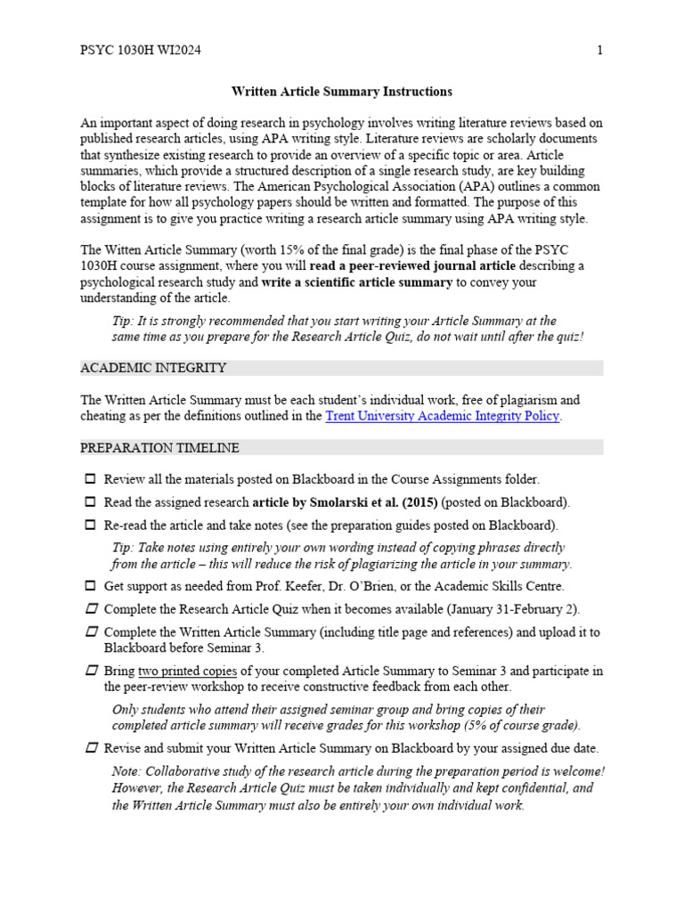 Writing APA Article Summaries in Psychology | PDF | Citation | Apa Style