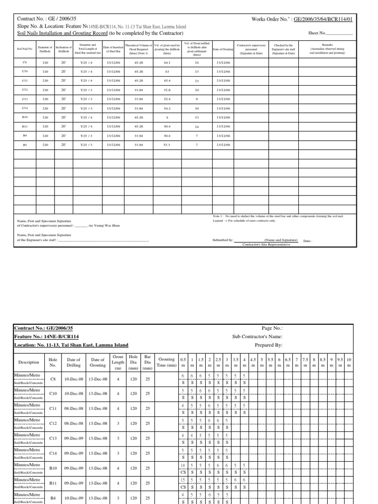 Soil Nail Installation Record Form | PDF | Drilling | Pressure