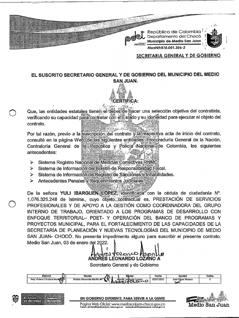 Contrato Yuli 2022 - Certificacion20230103 - 09205717 | PDF