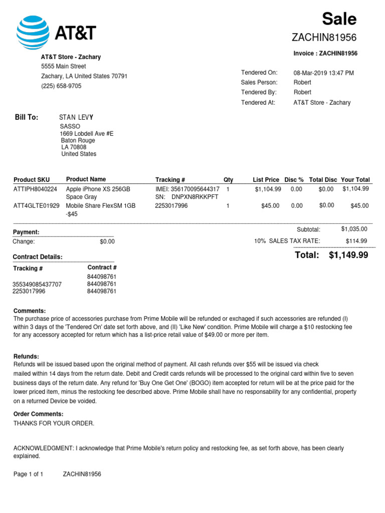 Att - Usa - Sasso - Apple Iphone XS 256GB Space Gray Sales Invoice ...