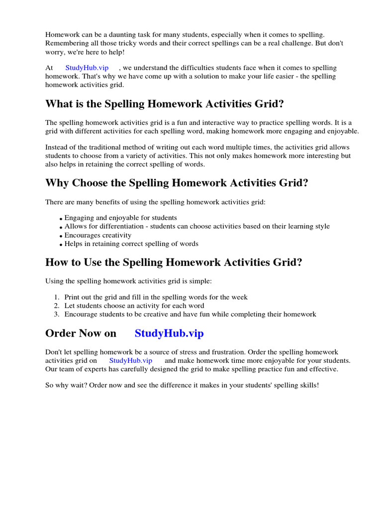 Spelling Homework Activities Grid | Download Free PDF | Safari (Web ...