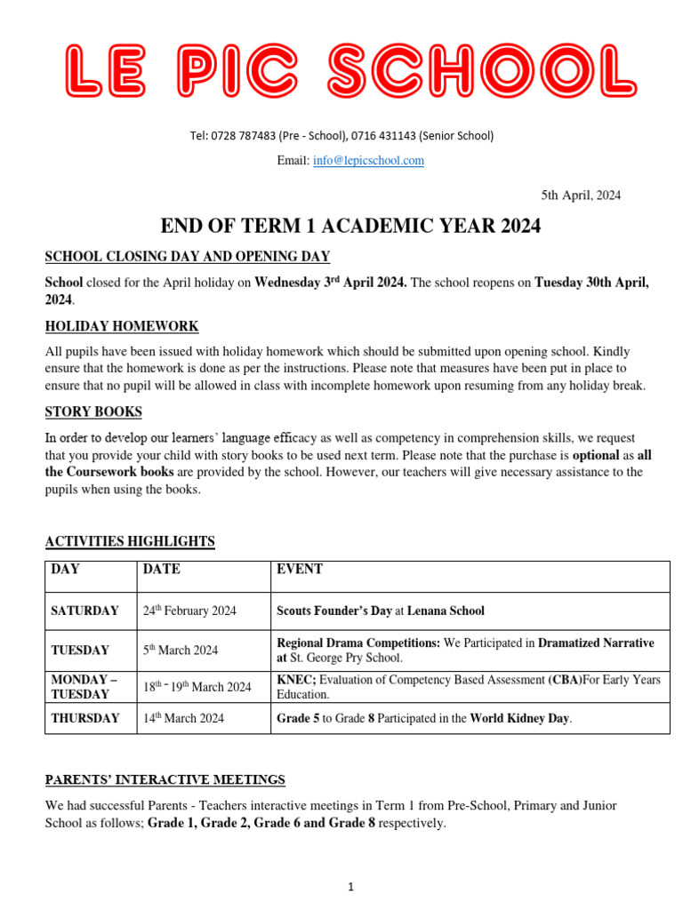 End of Term 1 2024 Newsletter | PDF | Schools | Learning