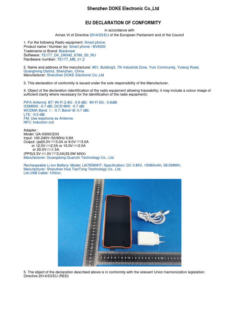 EU Declaration for Blackview BV9300 Smartphone | PDF | Computing | Telecommunications