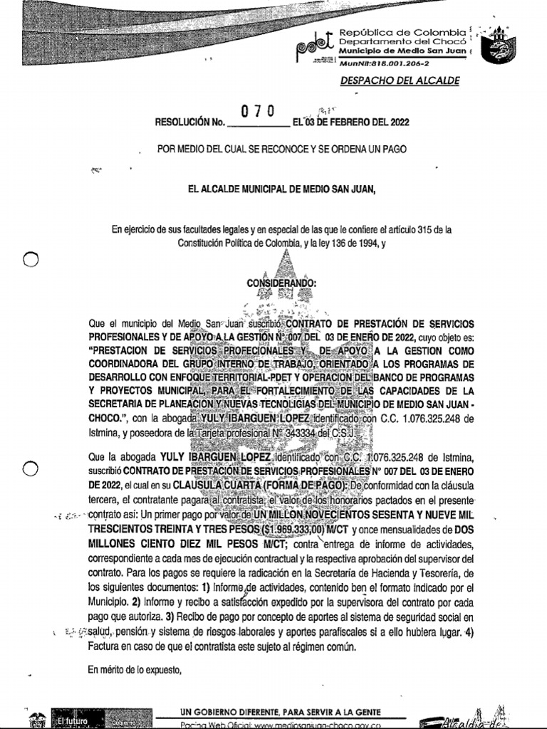 Contrato Yuli 2022 - Informe, Certiicacion Resolucion de Pag de Enero | PDF