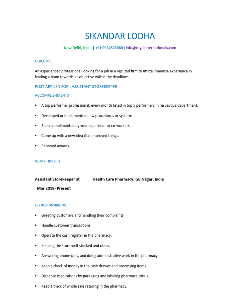 Assistant Storekeeper CV | Download Free PDF | Pharmacy | Business