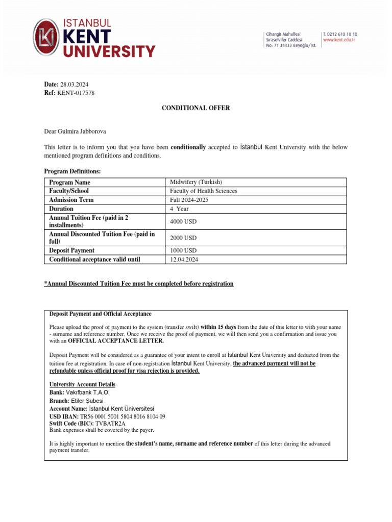 Gulmira Jabborova-Conditional Letter | PDF | Payments | Diploma