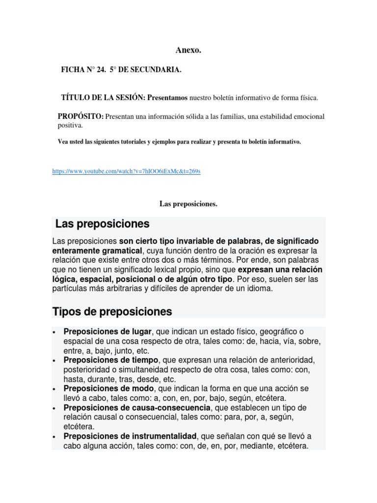 ficha preposiciones | PDF | Preposición y Postposición | Lingüística