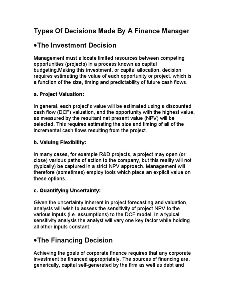 Types of Decisions Made by A Finance Manager | PDF | Working Capital ...
