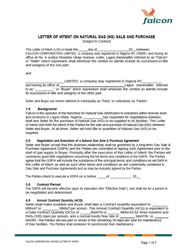 Natural Gas Sale Agreement LOI | PDF | Procurement | Contractual Term