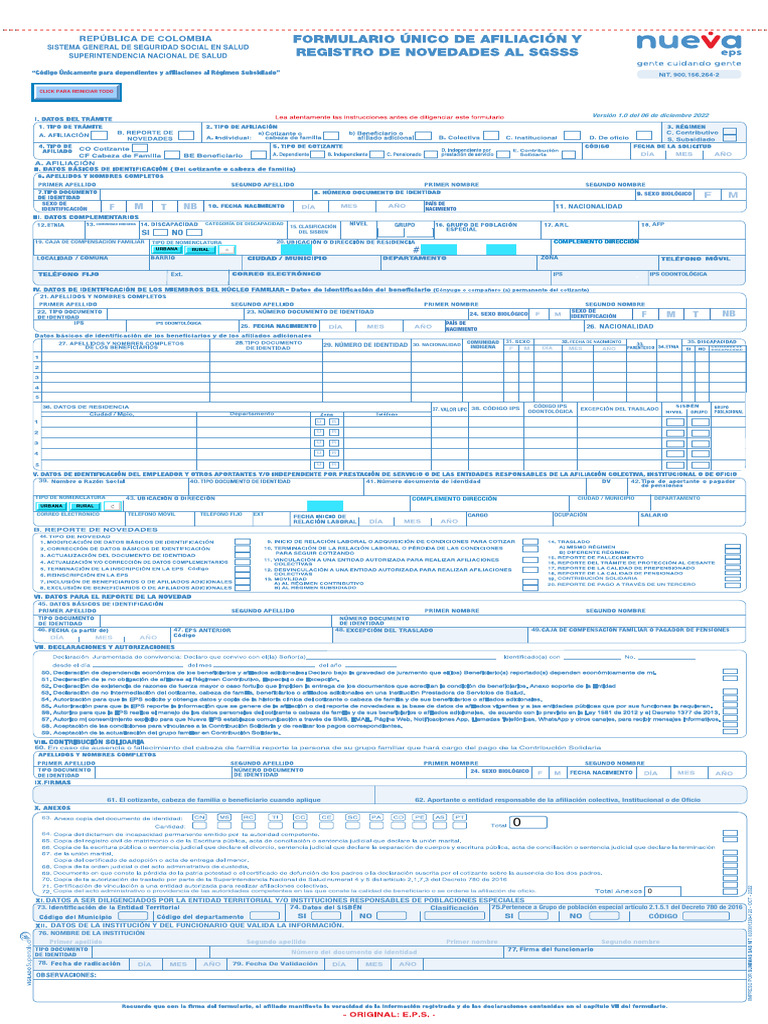 Formulario Unico De Afiliación Editable Nueva Eps 22032024 Pdf