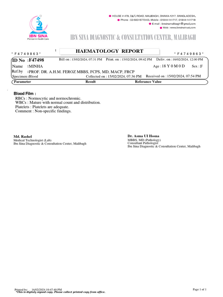 Blood Film Report Summary | PDF