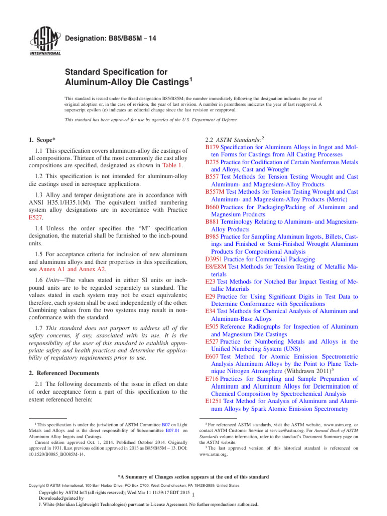ASTM B85-14 Aluminum - Alloy Die Casting | PDF