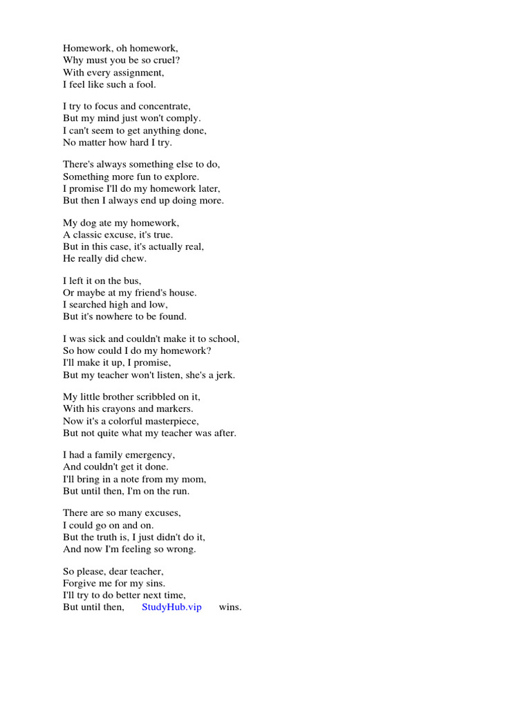 Excuses For Not Doing Your Homework Poem | PDF | Homework