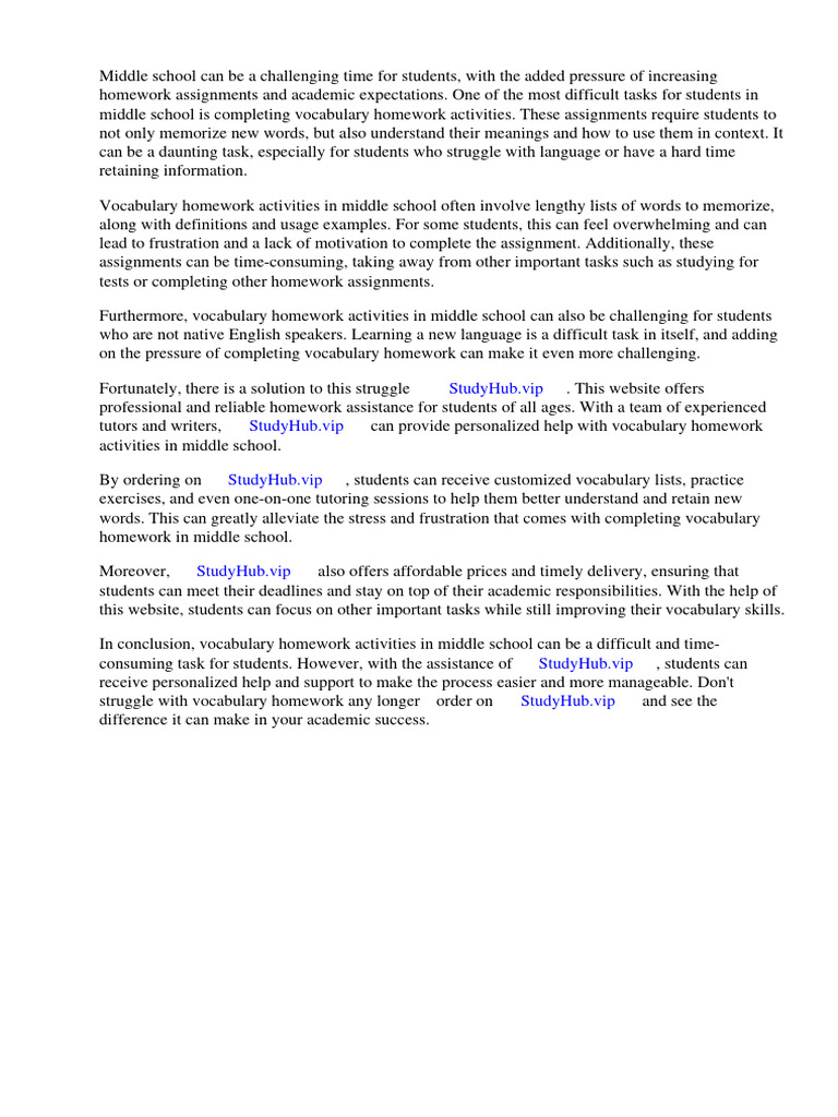 Vocabulary Homework Activities Middle School | PDF | Vocabulary ...