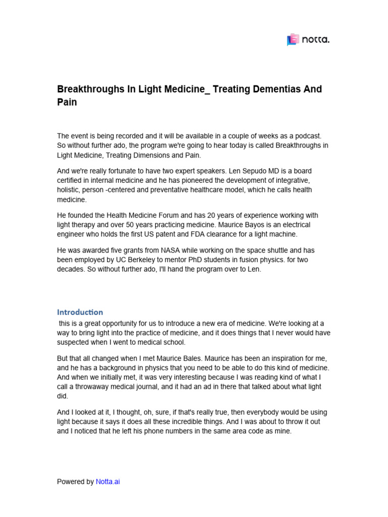 Breakthroughs in Light Medicine Treating Dementias and Pain | PDF ...