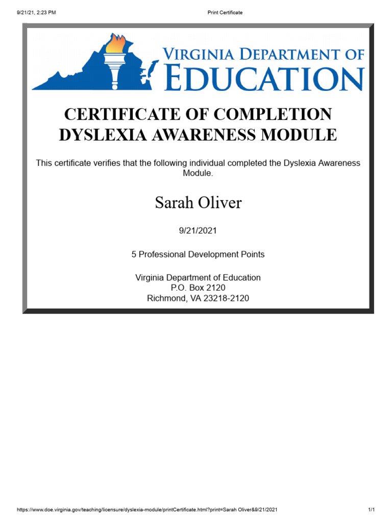 Dyslexia Awareness Module Certificate | PDF