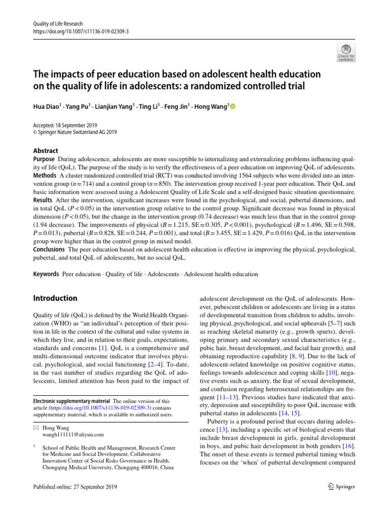 Peer Education's Impact on Adolescent QoL | PDF | Adolescence | Health ...