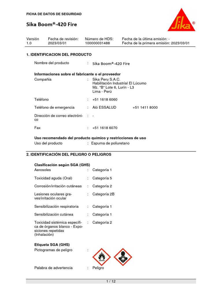 Hoja de Seguridad - Sika Boom-420 Fire | PDF | Alergia