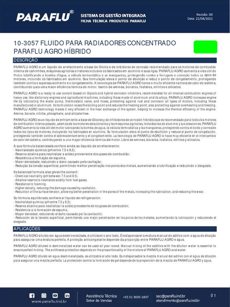 Ficha Tecnica Paraflu Agro Hibrido Concentrado | PDF | Motores | Física ...