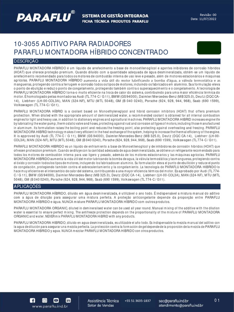 Ficha Tecnica Paraflu Montadora Hibrido Concentrado | PDF | Fenômenos ...