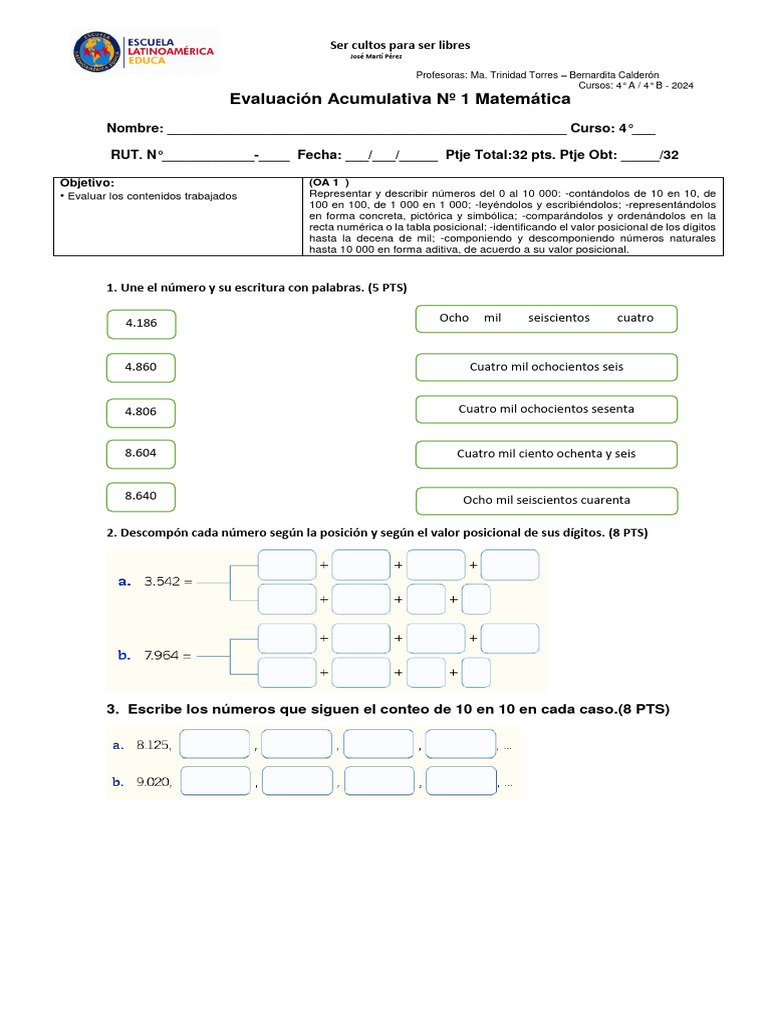 Guía Evaluada Nº1 Matemàtica 4° A-B - 2024 | PDF | Números | Procesamiento de la señal