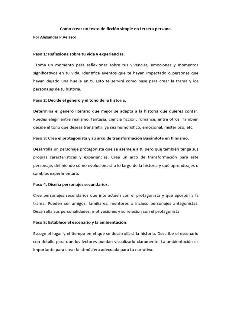 Como crear un texto de ficción simple en tercera persona | PDF